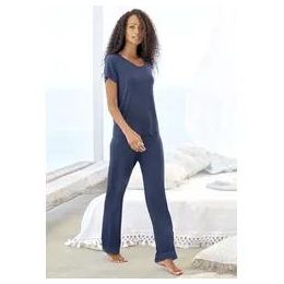Pyjama Lascana, Damen, Gr. 32/34, blau (dunkelblau), Single Jersey, Obermaterial: 95% Viskose, 5% Elasthan, unifarben, figurumspielend lang, Rundhals, eingesetzt, Homewear-Sets, mit schönen Spitzeneinsätzen