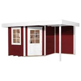 Gartenhaus Weka "Designhaus 213 Plus", rot (rot, weiß), Fußboden im Gartenhaus, Rückwand, ohne Dacheindeckung, Holzwerkstoff, Gartenhäuser, mit Anbaudach und Rückwand