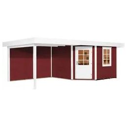 Gartenhaus Weka "Designhaus 213 Plus", rot (rot, weiß), Fußboden im Gartenhaus, Rückwand, ohne Dacheindeckung, Holzwerkstoff, Gartenhäuser, mit Anbaudach und Rückwand