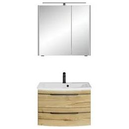 Badmöbel-Set SAPHIR "Serie 7045 2-teilig Mineralmarmor-Waschtisch mit LED-Spiegelschrank", braun (halifax eiche quer nachbildung), B:73,2cm H:200cm T:49,8cm, Spanplatte, Kastenmöbel-Sets, Badezimmer-Set 73,2 cm breit, inkl. Türdämpfer, 2 Türen, 2 Schubladen