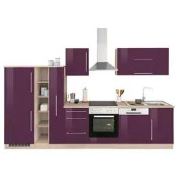 Küchenzeile KOCHSTATION "KS-Samos", lila (küche: lila, front: aubergine hochglanz, korpus: eiche sonoma, arbeitsplatte: eiche sonoma), B:340cm H:200cm T:60cm, Komplettküchen-Sets, Küchenzeile, Breite 340 cm, wahlweise mit E-Geräten, mit Arbeitsplatte