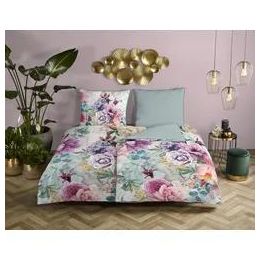 Wendebettwäsche Descanso "Anamin", blau, B/L: 135cm x 200cm, 1 Stk., 1 Stk., Satin (Bio-Baumwolle), B/L: 80cm x 80cm, 2 Stk., Satin (Bio-Baumwolle), Obermaterial: 100% Baumwolle, Bettwäsche, Baumwolle, Satin, 135x200, Biese, Reißverschluss, Wende, Blumen