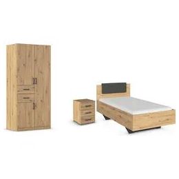 Schlafzimmer-Set Rauch "Komplettzimmer Komplettschlafzimmer Schlafzimmer-Set (3-St.) MAIKA", schwarz (eiche artisan, lederoptik schwarz), Schrank Breite 91cm, Höhe 197 + ohne Matratze, B/H: 100cm x 200cm, Schrank Breite 91cm, Höhe 197, Holzwerkstoff, Schlafzimmermöbel-Sets, Schrank 3 Breiten, 2 Höhen, Bett 100 cm, Nachttisch MADE IN GERMANY
