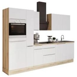 Küchenzeile KOCHSTATION "KS-Aken", weiß (küche: weiß, korpus: wildeichefarben, arbeitsplatte: eiche struktur), B:300cm H:212cm T:60cm, Komplettküchen-Sets, Küchenzeile, Breite 300 cm, wahlweise mit E-Geräten, mit Arbeitsplatte 38 mm stark