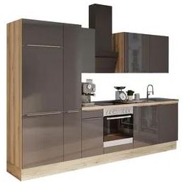 Küchenzeile KOCHSTATION "KS-Aken", küche: grau, korpus: wildeichefarben, arbeitsplatte: eiche struktur, B:300cm H:212cm T:60cm, Komplettküchen-Sets, Küchenzeile, Breite 300 cm, wahlweise mit E-Geräten, mit Arbeitsplatte 38 mm stark