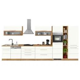 Küchenzeile KOCHSTATION "KS-Wien", weiß (küche: weiß, front: weiß, korpus: wotaneichefarben, arbeitsplatte: wotaneichefarben), B:440cm T:60cm, Komplettküchen-Sets, Küchenzeile, Breite 440 cm, wahlweise mit E-Geräten und Induktion