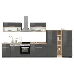 Küchenzeile KOCHSTATION "KS-Wien", grau (küche: grau, front: grau hochglanz, korpus: grafit, arbeitsplatte: eichefarben), B:420cm T:60cm, Komplettküchen-Sets, Küchenzeile, Breite 420 cm, wahlweise mit E-Geräten