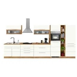 Küchenzeile KOCHSTATION "KS-Wien", weiß (küche: weiß, front: weiß, korpus: wotaneichefarben, arbeitsplatte: wotaneichefarben), B:430cm T:60cm, Komplettküchen-Sets, Küchenzeile, Breite 430 cm, wahlweise mit E-Geräten und Induktion
