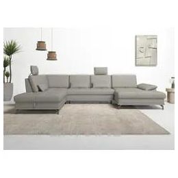 Wohnlandschaft Places of Style "Costello U-Form, B: 363 cm mit Sitztiefen-, Armteilverstellung &", grau (hellgrau), B:363cm H:89cm T:223cm, Luxus-Microfaser (90% Polyester, 10% Polyamid);Samtoptik (100% Polyester), Sofas, 3 Nierenkissen, optional Bettfunktion und Bettkasten