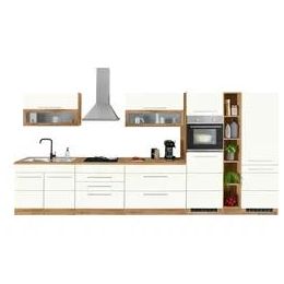 Küchenzeile KOCHSTATION "KS-Wien", weiß (küche: weiß, front: weiß, korpus: wotaneichefarben, arbeitsplatte: wotaneichefarben), B:430cm T:60cm, Komplettküchen-Sets, Küchenzeile, Breite 430 cm, wahlweise mit E-Geräten und Induktion