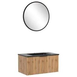 Badmöbel-Set Welltime "Welltime, Carlton Waschtisch-Set, 80 oder 120 cm, gestreift", schwarz (wotnaeiche, schwarz), Set 2: 2tlg. Waschtisch-Set 80cm: Spiegel 60cm und Waschtischmit schwarzem Auflagebecken, Spanplatte, Kastenmöbel-Sets