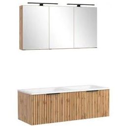 Badmöbel-Set Welltime "Welltime, Carlton Waschtisch-Set, 80 oder 120 cm, gestreift", schwarz (wotnaeiche, schwarz), Set 13: 2tlg. Waschtisch-Set 120cm: Spiegelschrank 120cm und Waschtischmit weißem Auflagebecken, Spanplatte, Kastenmöbel-Sets