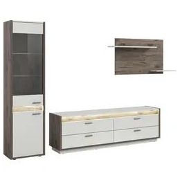 Wohnwand Inosign "Treviso, Breite 268 cm, bestehend aus: 1x Vitrine, 1x Lowboard und", grau (nox oak dunkel, hellgrau nachbildung), B:268cm H:198cm T:43cm, Spanplatte, Kastenmöbel-Sets, 1x Wandboard, Kombination, Wohnkombination, Mediawand, TV-Wand