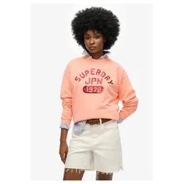 Sweatshirt Superdry "EMBELLISHED VARSITY LOOSE CREW", Damen, Gr. M, orange (peach amber), Sweatware, Obermaterial: 100% Baumwolle, bedruckt, relaxed fit taillenbedeckt, Rundhals, Rippbündchen, Sweatshirts