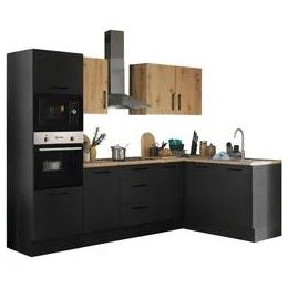 Winkelküche BASIC BY BALCULINA "Turin", schwarz (küche: schwarz, korpus: schwarz matt woodprint, arbeitsplatte: artisan eichefarben), B:270cm H:211cm T:60cm, Komplettküchen-Sets, Küchenzeile, Stellbreite 270x175 cm, wahlweise mit E-Geräten