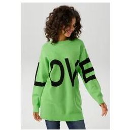 Strickpullover Aniston CASUAL, Damen, Gr. 42, schwarz (apfelgrün, schwarz), Strick, Obermaterial: 100% Baumwolle, unifarben mit Farbeinsatz, oversize Po-bedeckend, Rundhals, Strickbündchen, Pullover, mit eingestricktem LOVE-Schriftzug, Topseller