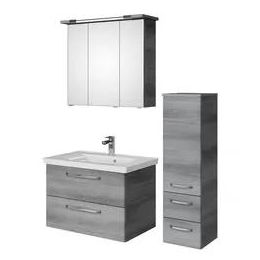 Badmöbel-Set SAPHIR "Badmöbel-Set Trentino 3-tlg Mineralmarmorwaschtisch,LED-Spiegelschrank", grau (graphit struktur quer nb), Kastenmöbel-Sets, Badezimmer-Set mit Midischrank inkl. Türdämpfer