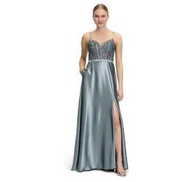 Abendkleid Vera Mont "Damen Abendkleid mit Stickerei", Damen, Gr. 42, Normalgrößen, grau (platinum grau), Satin, Obermaterial: 95% Polyester, 5% Elasthan. Besatz: 100% Polyamid. Futter: 100% Polyester., festlich, ausgestellt lang, V-Ausschnitt, Kleider, Glitzersteine