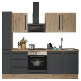 Küchenzeile KOCHSTATION "Florida", schwarz (küche: schwarz, front: artisan eiche, schwarz matt, korpus: artisan eiche, arbeitsplatte: artisan eiche), B:240cm H:211cm T:60cm, Komplettküchen-Sets, Breite 240 cm, wahlweise mit E-Geräten,Softclose für Türen/Schubkästen