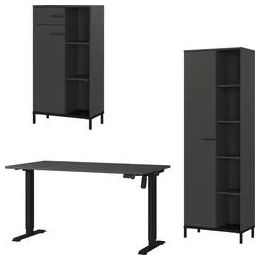 Büromöbel-Set Germania "GW-Rovigo", grau (graphit, schwarz), B:298cm H:190cm T:80cm, Metall, Spanplatte, Arbeitsmöbel-Sets, Schreibtisch elektrisch höhenverstellbar