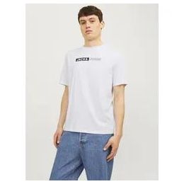 Jack & Jones Rundhalsshirt JACK & JONES "JJECORP LOGO TEE PLAY SS O-NECK NOOS", Herren, Gr. L, weiß (weiß print:play 5), Single Jersey, Obermaterial: 100% Baumwolle, bedruckt, normal normal, Rundhals, Shirts