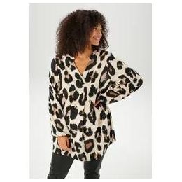 Schlupfbluse ANISTON PLUS, Damen, Gr. 50, beige (beige, schwarz, taupe), Web, Obermaterial: 100% Viskose, animal-print, lässig geschnitten Po-bedeckend, V-Ausschnitt, Smokbündchen, Blusen, mit trendigem Leoprint, Topseller