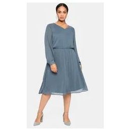 Chiffonkleid sheego "Abendkleid", Damen, Gr. 54, Normalgrößen, blau (stahlblau), 100% Polyester, gemustert, unifarben, knielang, V-Ausschnitt, Kleider