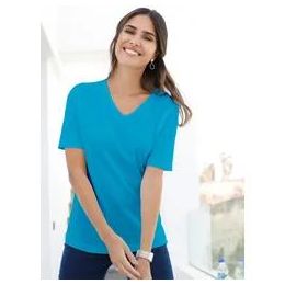 Kurzarmshirt Classic Basics "Shirt", Damen, Gr. 38, blau (türkis), 100% Baumwolle, unifarben, V-Ausschnitt, Shirts