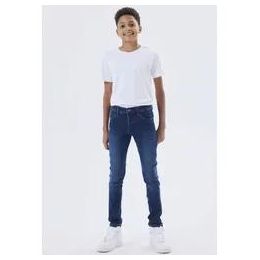 Stretch-Jeans name it "NKMSILAS für Jungen mit verstellbarem Bund und schlanker Form", Jungen, Gr. 164, N-Gr, blau (dunkelblau denim), Denim/Jeans, Obermaterial: 71% Baumwolle, 27% Polyester, 2% Elasthan, Abriebeffekte, Modisch, slim fit normal, Jeans, slim fit, Denim, Abriebeffekte, angesetztes Bündchen