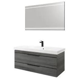 Badmöbel-Set SAPHIR "Balto 2-teilig Mineralmarmor-Waschtisch mit LED-Spiegel, 123 cm breit", grau (graphit struktur quer nachbildung mit schwarzer einlage), B:123cm H:200cm T:50,8cm, Spanplatte, Kastenmöbel-Sets, Waschplatz mit 2 Schubladen, Badschrank inkl. Schubladendämpfer