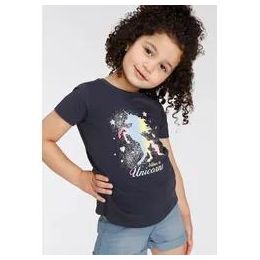 T-Shirt Kidsworld "believe in Unicorns", Mädchen, Gr. 140/146, blau (marine), Single Jersey, Obermaterial: 100% Baumwolle, bedruckt, Basic hüftlang, Rundhals, abgesteppte Kante, Shirts, Kurzarm, hüftlange Passform, mit Glitzerdruck, Rundhalsausschnitt