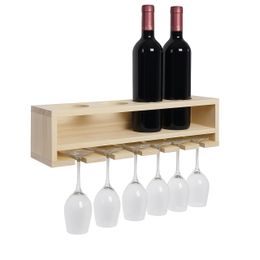 Weinregal HWC-P21, Glas-/Flaschenhalter Wandbar Regal für 4 Flaschen/6 Gläser Holz MVG-zertifiziert 12x48x12cm ~ natur
