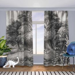 Vorhang Tropischer Kupferstich in Warmgrau - blickdichte Gardine Wald B&auml;ume Botanik Tropical Illustration Natur Vintage Wohnzimmer Schlafzimmer K&uuml;che
