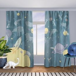 Vorhang Planeten mit Sternzeichen und Raketen - blickdichte Gardine Illustration Kinder Spirituell Himmel Kinderzimmer Baby Babyzimmer Jungen
