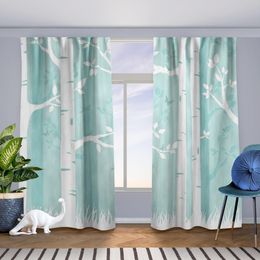 Vorhang Gr&uuml;ner Birkenwald mit Schmetterlingen und V&ouml;gel - blickdichte Gardine Illustration Kinder Unifarben Kinderzimmer Baby Babyzimmer M&auml;dchen