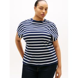 Kurzarmshirt Tommy Hilfiger Curve "CRV GOLD BUTTON SS TEE", Damen, Gr. 46, beige (schwarz night navy, ivory silk stp), Single Jersey, Obermaterial: 100% Baumwolle, gestreift, Rundhals, Shirts, in großen Größen