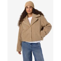 Plüschjacke Noisy may "NMNATI CROP TEDDY JACKET FWD NOOS", Damen, Gr. XS, beige (birch), Plüsch, Obermaterial: 100% Polyester, unifarben, hüftlang, V-Ausschnitt, Jacken