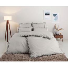 Bettwäsche Home Affaire "Violetta in Gr. 135x200 oder 155x220 cm", grau (hellgrau), B/L: 135cm x 200cm, 1 Stk., 1 Stk., Renforcé, B/L: 80cm x 40cm, 2 Stk., Renforcé, Obermaterial: 100% Baumwolle, Bettwäsche, Bettwäsche aus Baumwolle, romantische Bettwäsche mit Volants