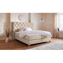 Boxspringbett Home Affaire "Harmones hoch", beige, B:203cm L:210cm, Struktur (100% Polyester), Komplettbetten, Boxspringbett, in 3 Breiten, H&auml;rtegrad auch im Mix mit je 1 Matratze in H2 und H3