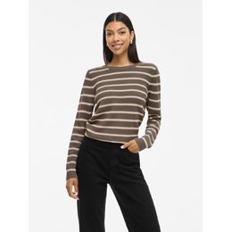 Rundhalspullover Vila "VIDALO O-NECK L/S STRIPE KNIT TOP- NOOS", Damen, Gr. L (40), beige (falcon stripes:sandshell), Rippstrick, Obermaterial: 100% Baumwolle, gestreift, regular fit normal, Rundhals, Pullover