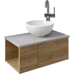 Waschtisch SAPHIR "Serie 6915 Waschschale mit Unterschrank für Gästebad, Gäste WC", braun (riviera eiche, oxid hellgrau, riviera eiche quer nb), B:61cm H:39,8cm T:35cm, Waschtische, 61 cm breit, 2 Türen, offenes Fach, kleine Bäder, ohne Armatur