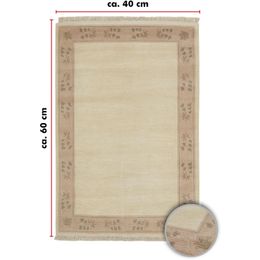 Wollteppich LUXOR living "Adour" Gr. 40, beige (creme), B:40cm H:18mm L:60cm, Schurwolle, Teppiche, Fransenteppich, reine Wolle, handgeknüpft, mit Bordüre und Fransen, Wohnzimmer
