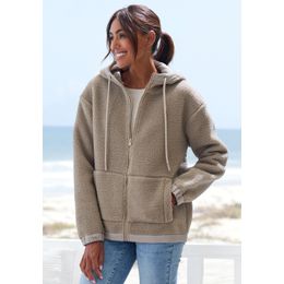 Fleecejacke ELBSAND, Damen, Gr. 44, grau (taupe), Fleece, Obermaterial: 100% Polyester, unifarben, gerade hüftlang, Bündchen, Jacken, aus Teddy-Fleece- mit Kapuze und schönem Logo auf der Rückseite, Topseller