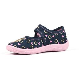 Hausschuh Richter, Kinder, Gr. 25, bunt (dunkelblau, rosa, pferdemotiv), Baumwolle, kontrastfarbene Details, Schuhe, Klettschuh, Kindergarten Schuh mit süßem Print