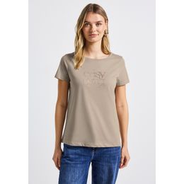 T-Shirt Street One, Damen, Gr. 34, beige (morning beige), Web, 100% Baumwolle, bedruckt, Casual, normal normal, Rundhals, abgesteppt, Shirts, mit Wording-Print
