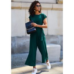 Culotte-Overall Lascana, Damen, Gr. 34, blau (petrol), Jersey, Obermaterial: 95% Viskose, 5% Elasthan, unifarben, figurumspielend 7/8-Länge, Rundhals, Overalls, mit Knotendetail in der Taille, femininer Jumpsuit, festlich