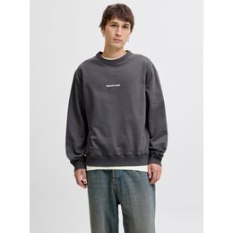 Jack & Jones Sweatshirt JACK & JONES "JORNORREBRO EMB SWEAT CREW NOOS", Herren, Gr. L, grau (asphalt), angeraute Sweatware, Obermaterial: 89% Baumwolle, 11% Polyester, unifarben, relaxed fit normal, Rundhals, Rippbündchen, Sweatshirts, mit Logo Print