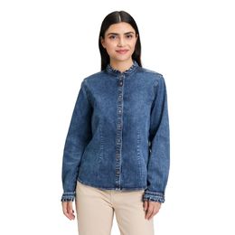 Jeansbluse Cartoon "Damen Jeansbluse mit Rüschen", Damen, Gr. 38, blau (dunkelblau denim), Obermaterial: 98% Baumwolle, 02% Elasthan., figurbetont normal, Blusen