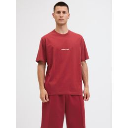 Jack & Jones Kurzarmshirt JACK & JONES "JORNORREBRO EMB TEE SS CREW NECK NOOS", Herren, Gr. XL, rot (tibetan rot), Jersey, Obermaterial: 100% Baumwolle, bedruckt, relaxed fit normal, Rundhals, gerader Abschluss, Shirts, mit Logo Print