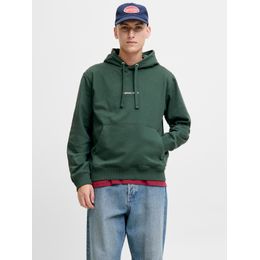 Jack & Jones Kapuzensweatshirt JACK & JONES "JORNORREBRO EMB SWEAT HOOD NOOS", Herren, Gr. L, grün (sycamore), angeraute Sweatware, Obermaterial: 89% Baumwolle, 11% Polyester, unifarben, relaxed fit normal, Rundhals, Rippbündchen, Sweatshirts, mit Logo Print